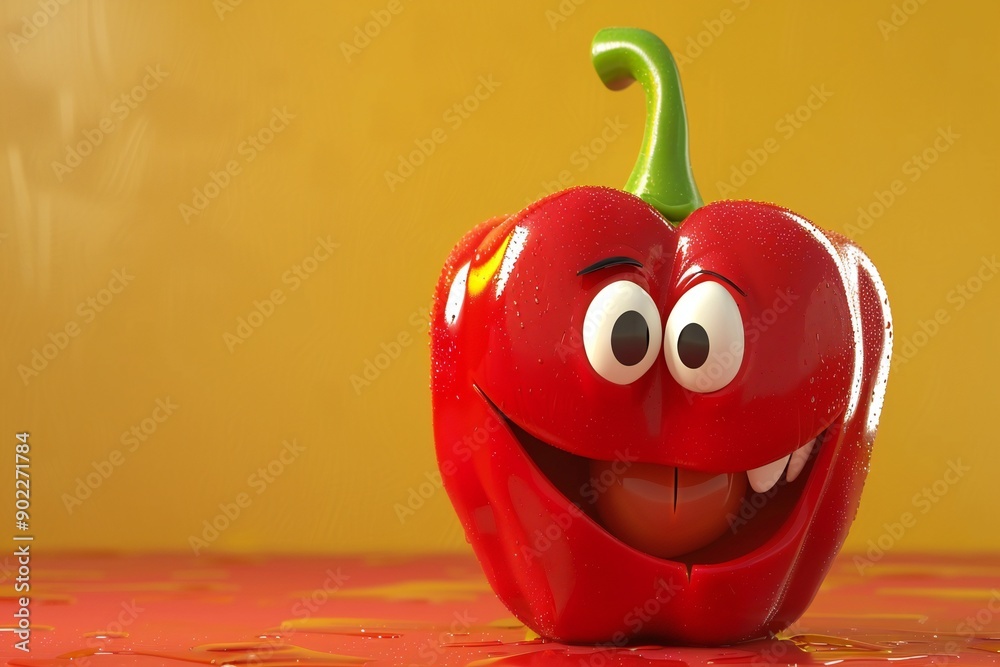 Smiling bell pepper cartoon character in 3D style, with a bright red ...