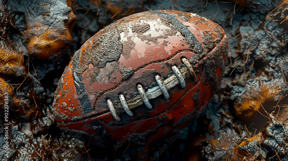 Wornout American football on a muddy field, gritty theme, top view ...