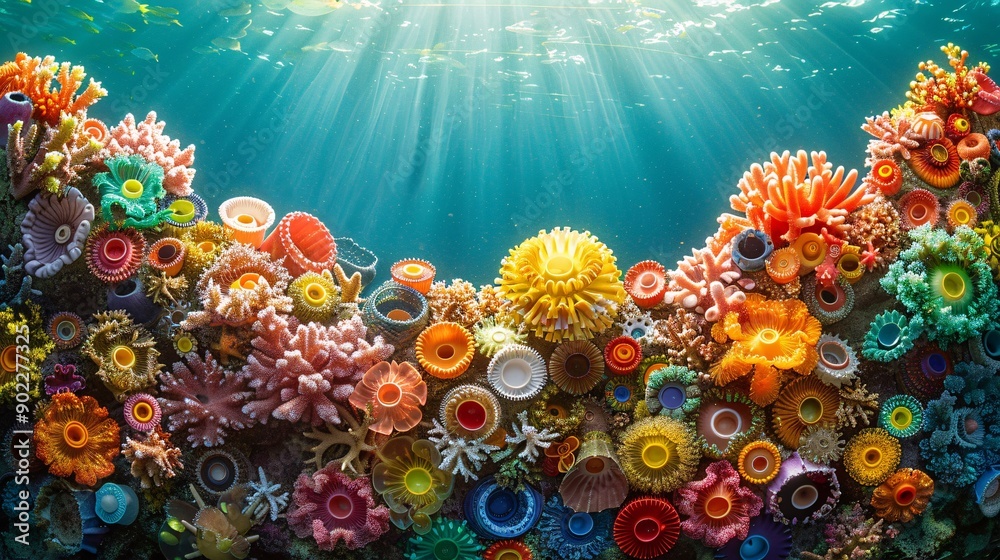 Detailed depiction of a coral reef constructed from bottle caps and ...