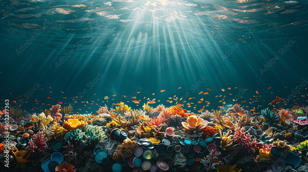 Detailed depiction of a coral reef constructed from bottle caps and ...