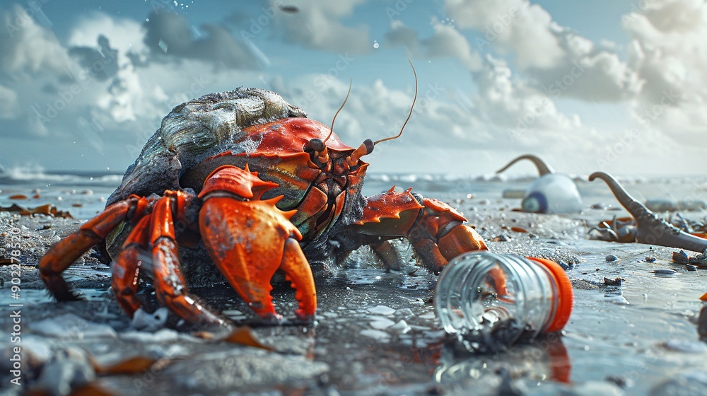 Surrealistic image of a hermit crab using a plastic bottle cap as its ...