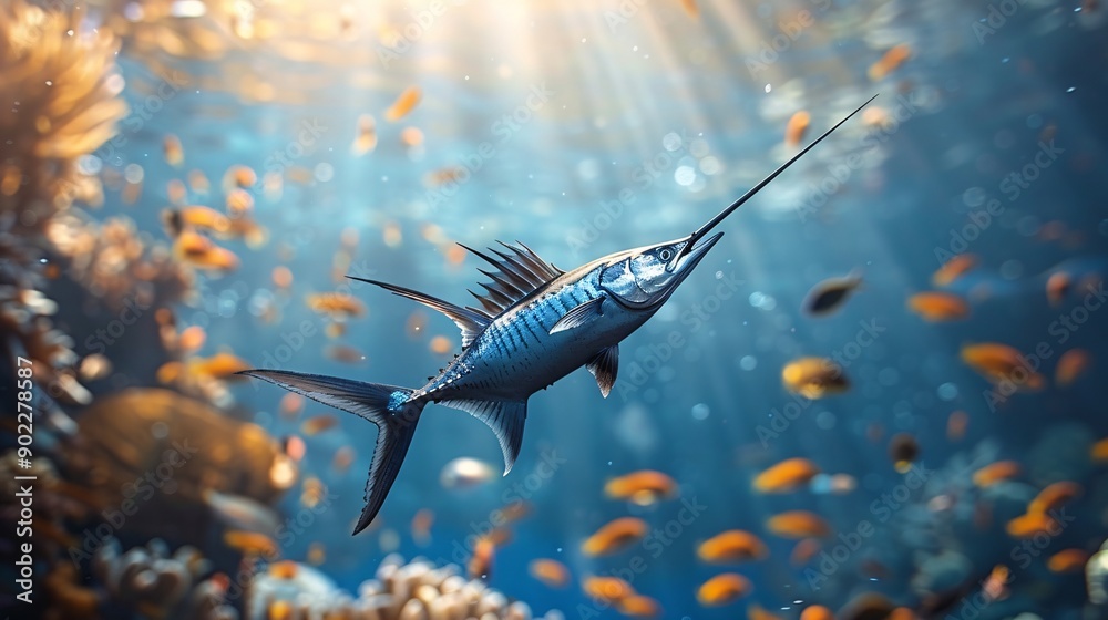 Detailed depiction of a swordfish with a bill made from metal rods and ...