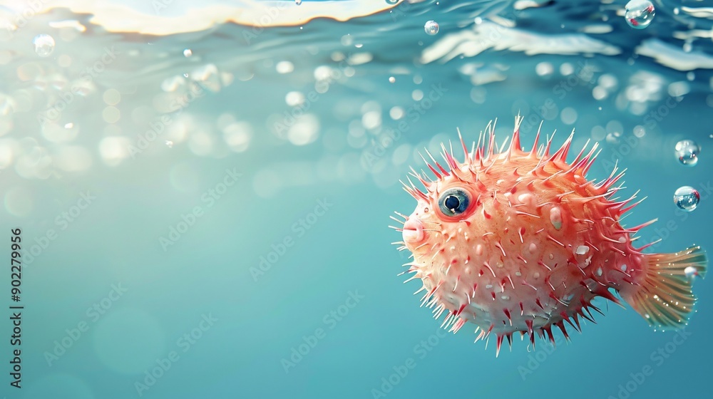 Surrealistic image of a pufferfish with spines made from broken glass ...