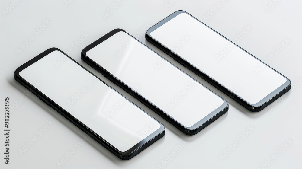 Three cell phones are shown on a white background. The phones are all ...