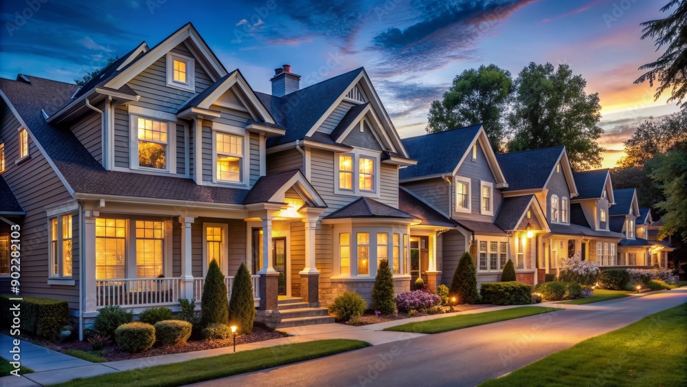 Cozy row of classic family homes with warmly illuminated windows ...