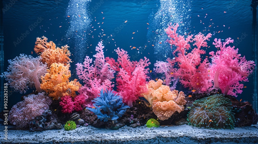 Close-up of bleached coral reefs underwater with vibrant marine life ...