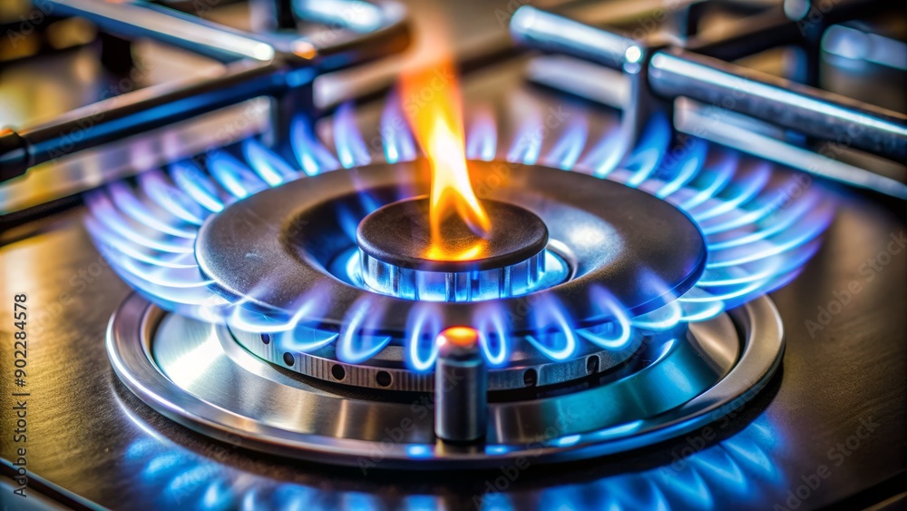 Close-up of a steel gas stove panel with a single gas ring burner ...