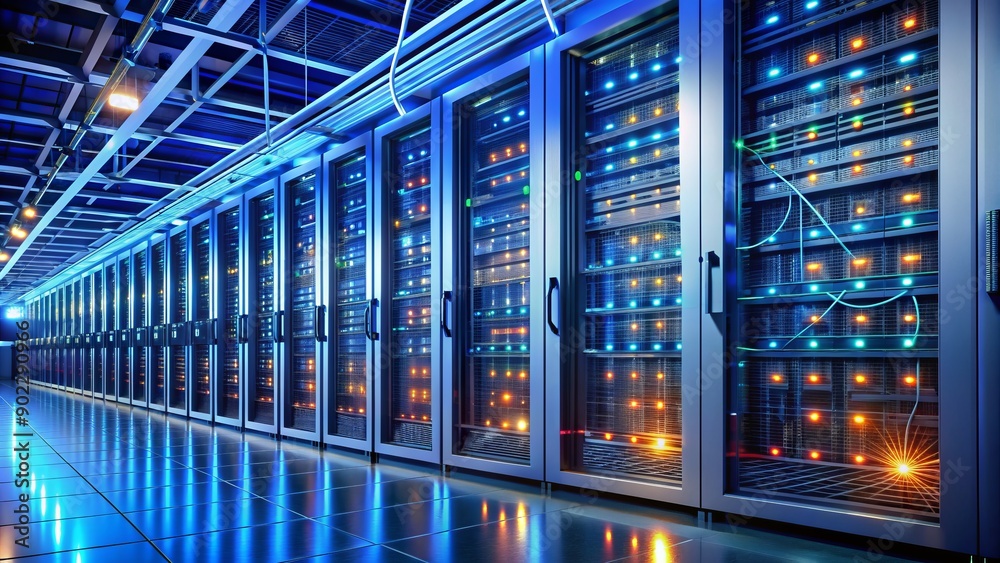 Rows of sleek computer servers and data storage units lined up in a ...