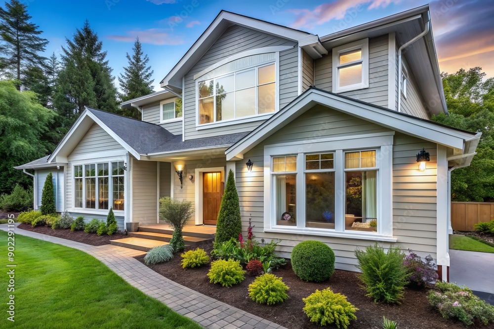 Cozy exterior view of a modern house featuring a large bay window ...