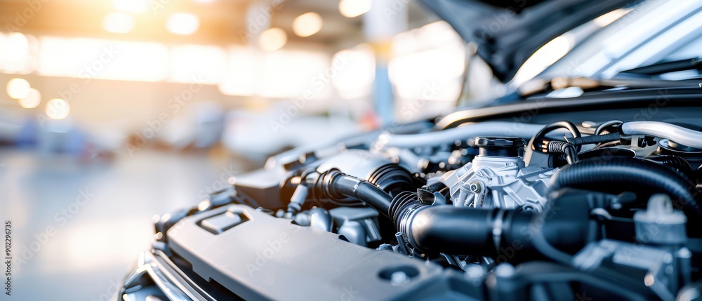 Engine bay of a modern car, showing the detailed and intricate parts of ...