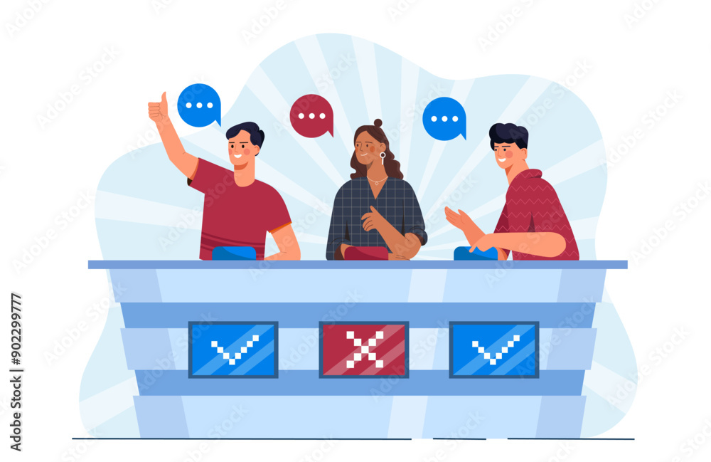 Jury voting concept. Men and women on TV shows vote for or against ...