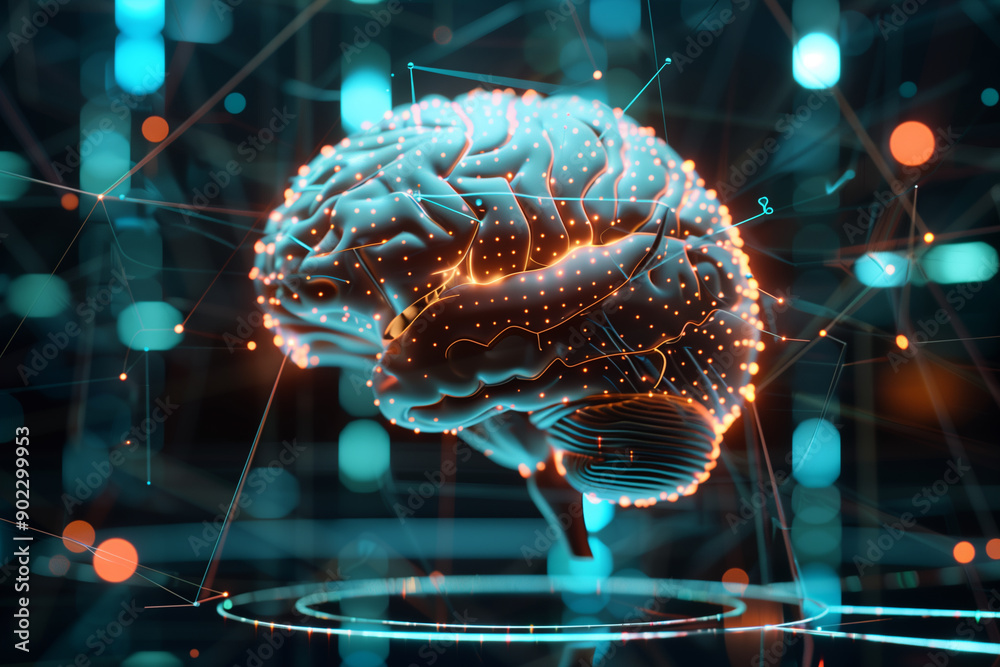 Futuristic 3D illustration of a brain depicted in augmented reality, connected with digital ...