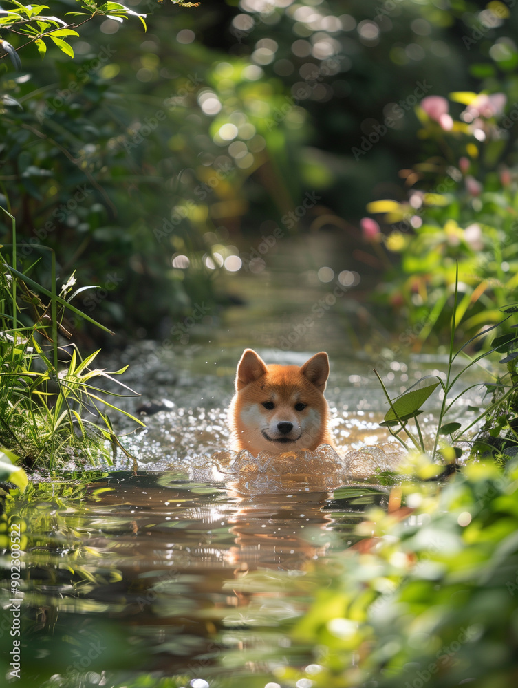 Adorable Shiba Inu joyfully splashing in a clear forest stream amidst ...