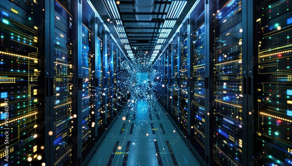 Detailed capture of a data center corridor, showcasing rows of rack ...