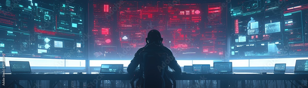 AI-driven cyber attack, malicious hacker exploiting unsecured connections, detailed digital ...