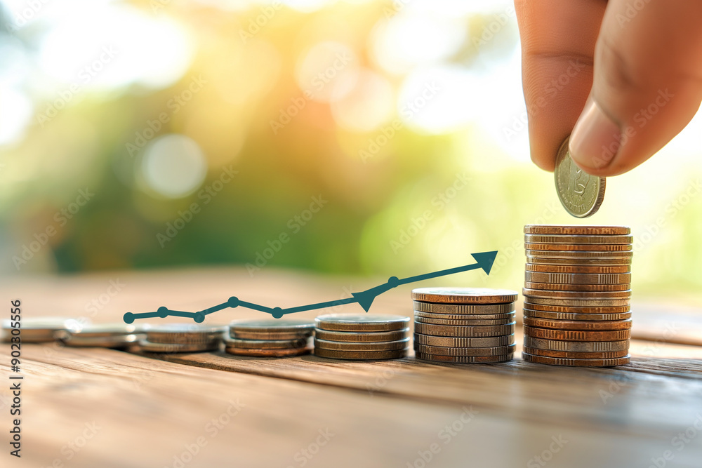 A hand is placing coins in the shape of an upward trending graph, with ...