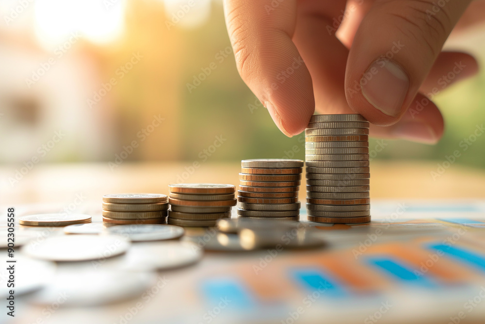 A hand is placing coins in the shape of an upward trending graph, with ...