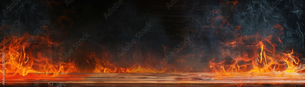 Vintage wooden counter with burned edges, fiery flames licking at the ...