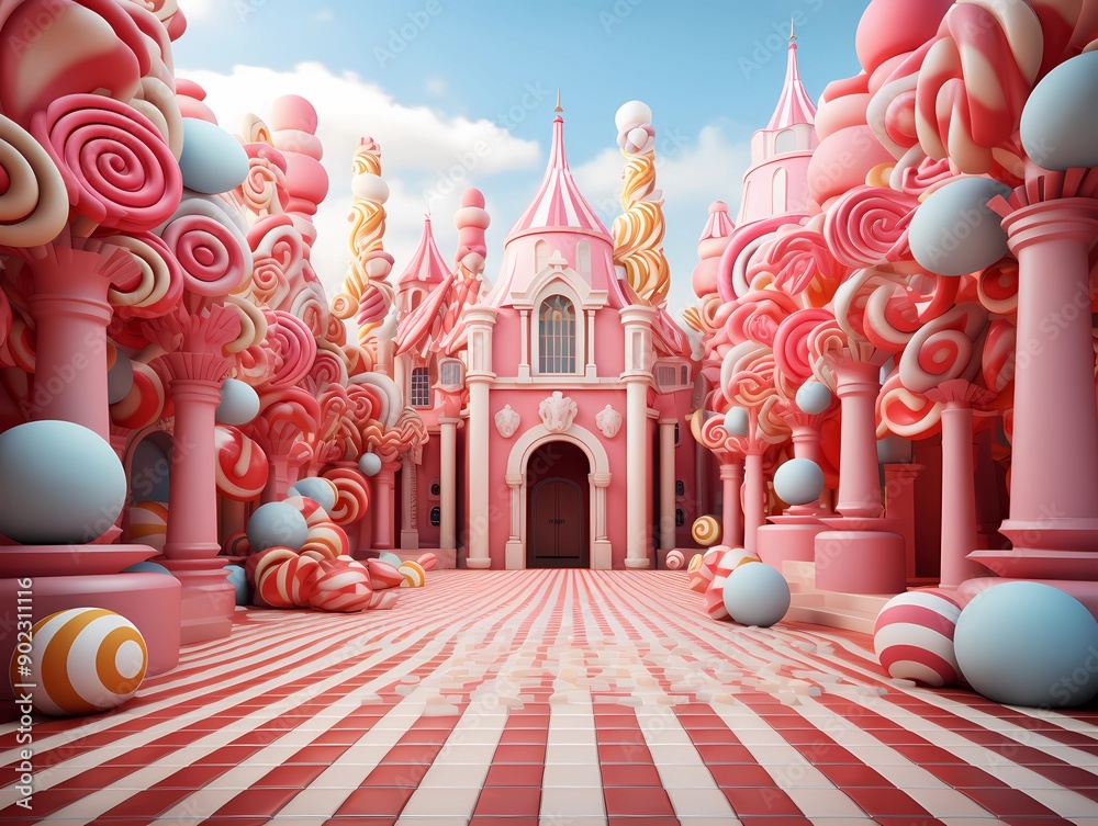 3D cartoon pictures of a pink candy town, castle, streets, and ...