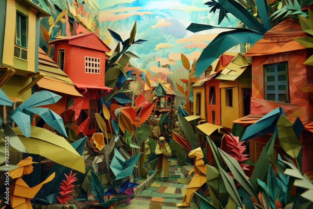 A surreal depiction of an Indian village made of origami, with paper ...