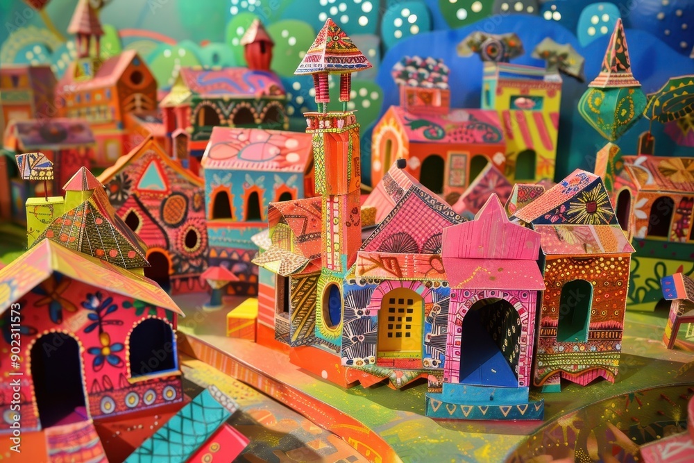 A surreal depiction of an Indian village made of origami, with paper ...