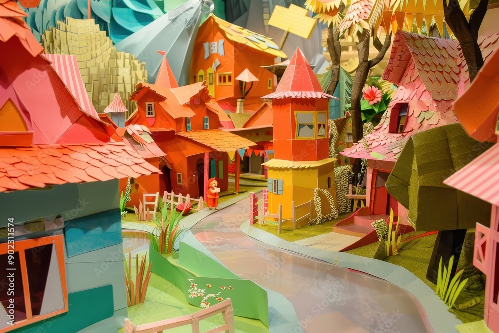 A surreal depiction of an Indian village made of origami, with paper ...