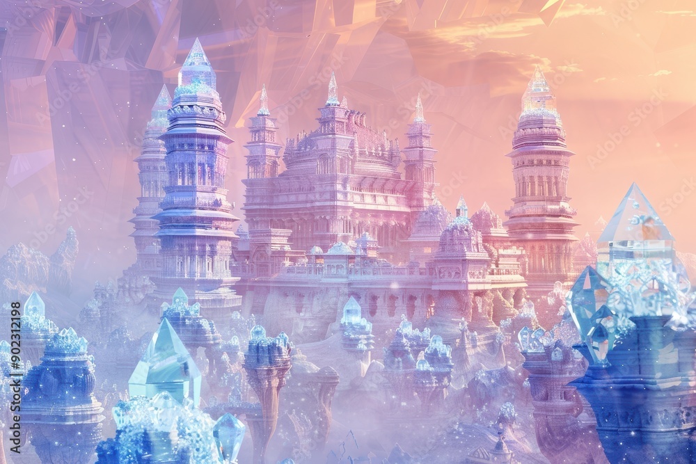 An ethereal image of an Indian palace made of crystal, with gleaming ...