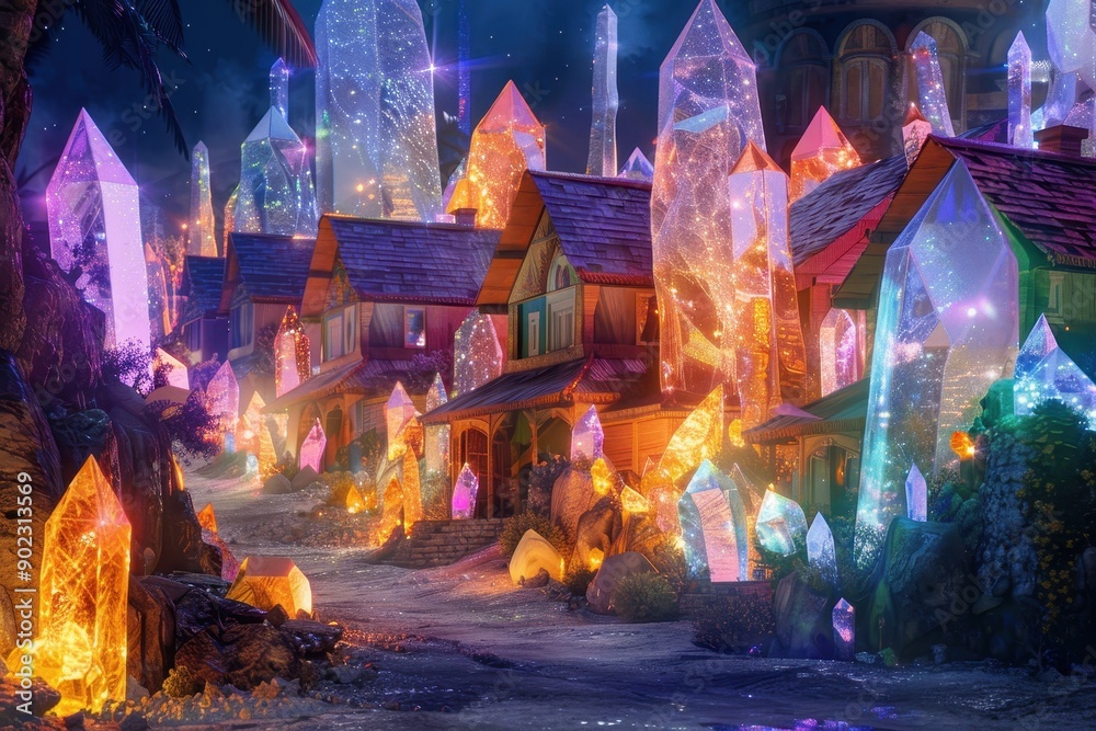 A surreal depiction of an Indian village made of crystals, with radiant houses and streets ...