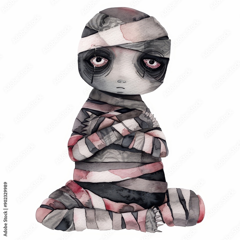 watercolor illustration of a sad mummy with arms crossed, halloween ...