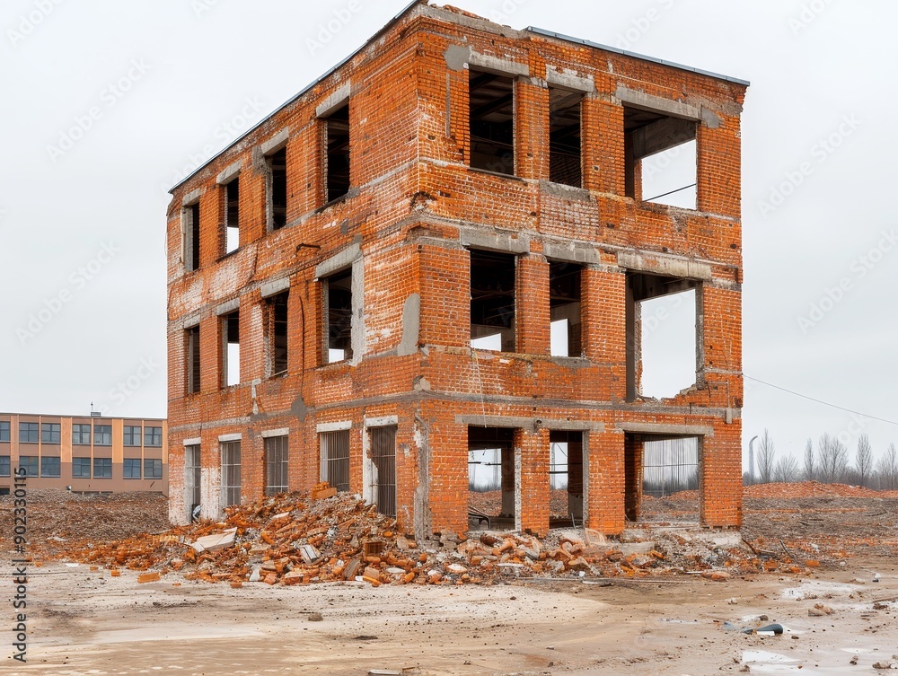 abandoned brick building, ruined structure, derelict factory, post-industrial landscape, urban ...