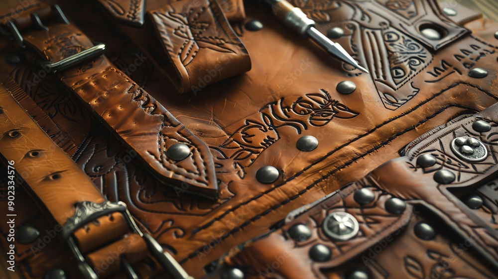 Rustic tooled leather background with intricate carvings and metal ...