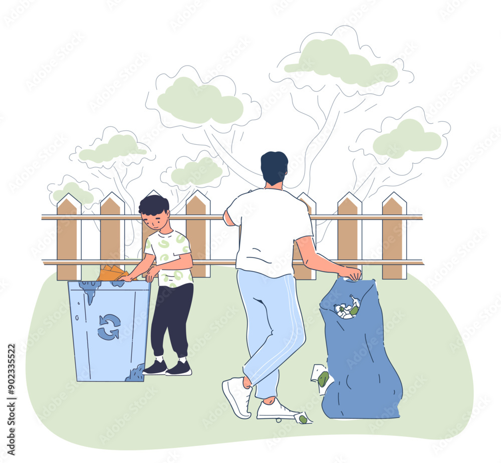 Clean up garden. Man and boy collect garbage in bags. Caring for nature ...
