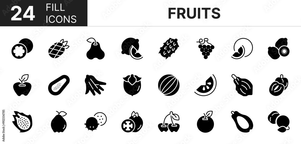 Collection of 24 Fruits fill icons featuring editable strokes. These ...