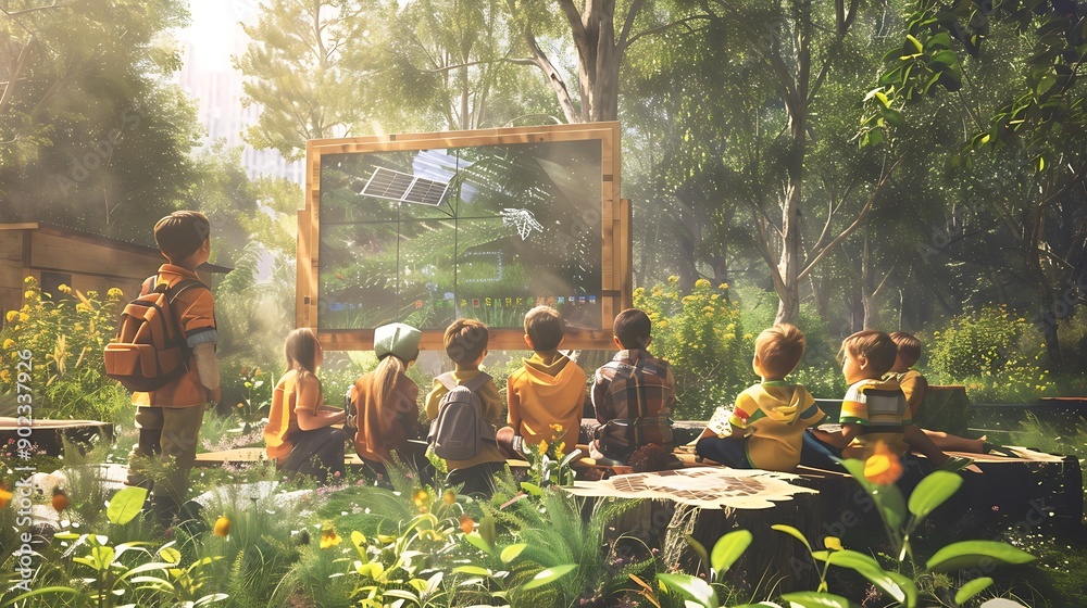 Nature based classroom with students and teacher engaging around a ...