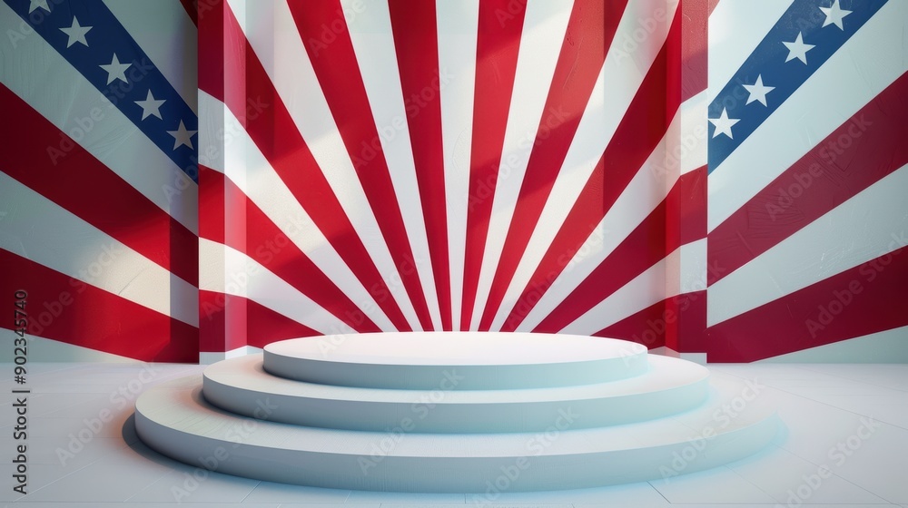 Patriotic stage with American flag backdrop Empty stage with red, white ...
