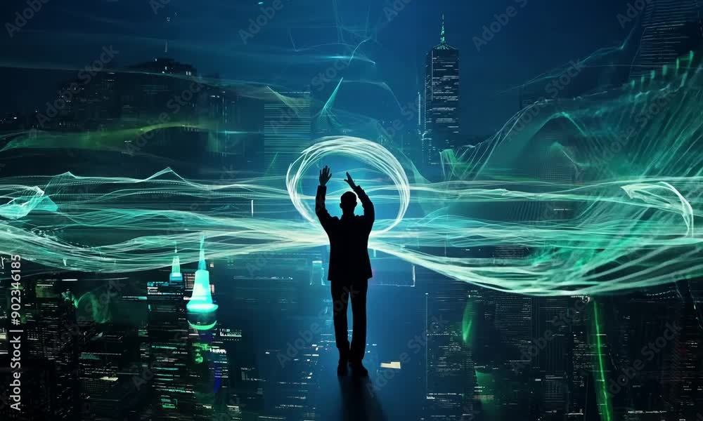 A futuristic city illuminated by digital code, showcasing the ...