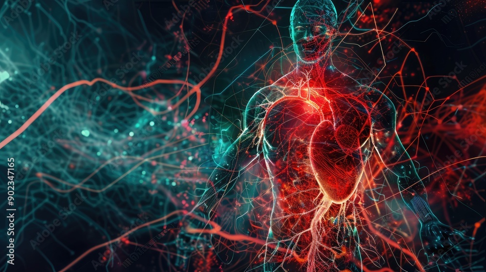 An abstract depiction of the human circulatory system with glowing ...