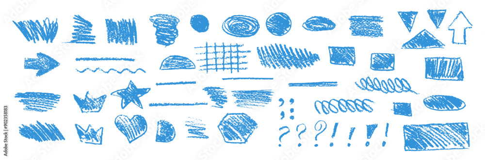 Blue underline pencil hand drawn various ellipses, punctuation marks ...