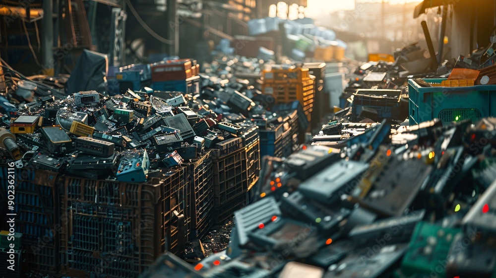 Tech recycling facility sorting e-waste, separating recyclables, and ...