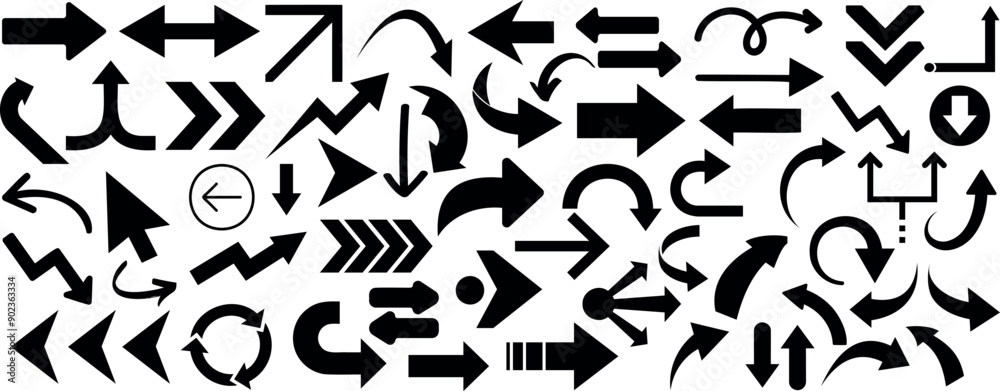 Arrow silhouette vector set, black directional icons, various arrows, abstract design, seamless ...