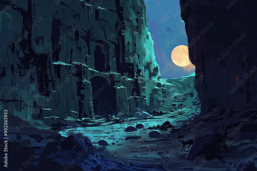 Mysterious moonlight illuminates ancient ruins in a forgotten canyon ...