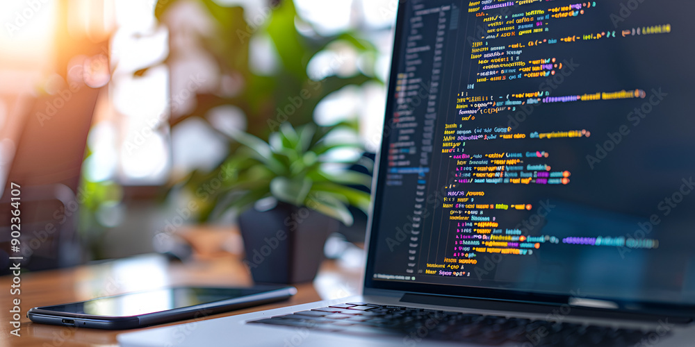 Programming Code On Laptop Screen Modern Workspace With Coding And