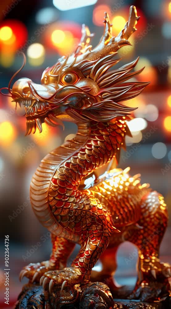 A gold dragon statue with red scales and a long tail. The dragon is ...