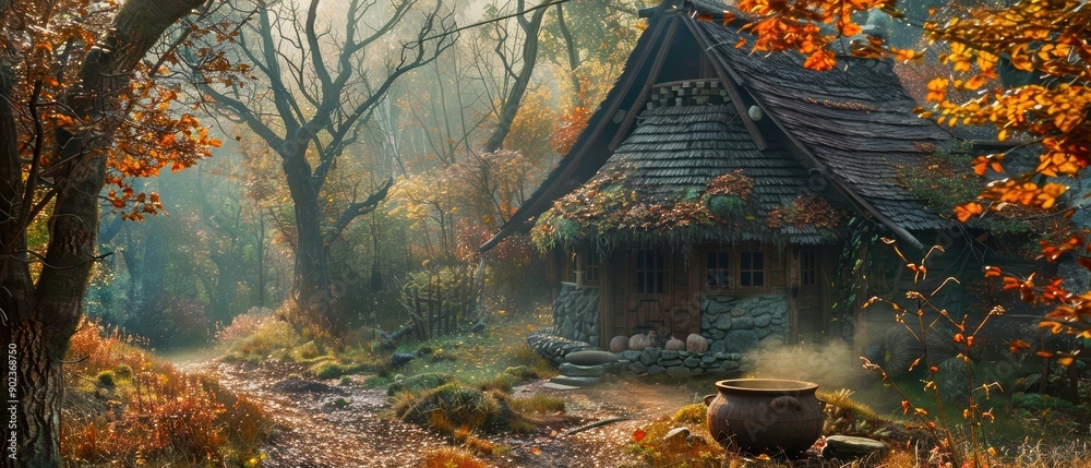Enchanting scene of a witch's cottage, with a cauldron at the edge ...