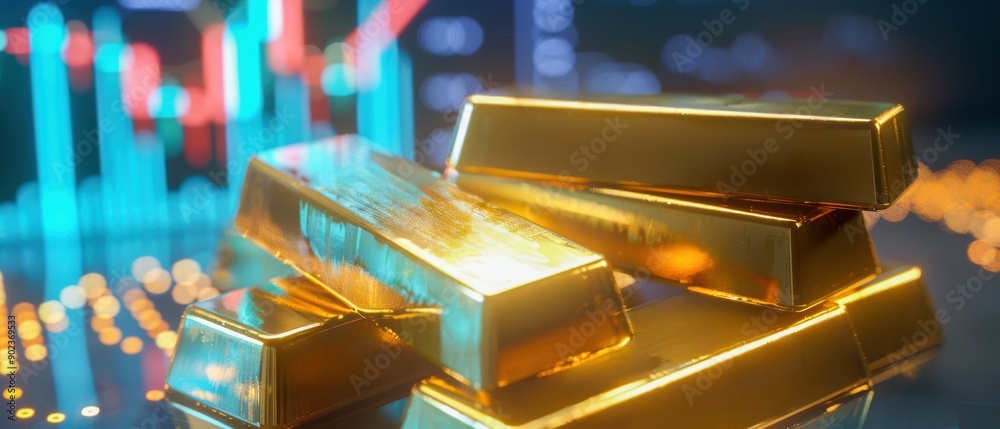 Physical gold bars set in front of a background featuring a trading ...