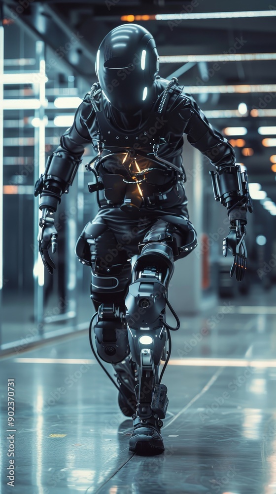 A wearable robotics suit in an industrial setting, with a worker using ...