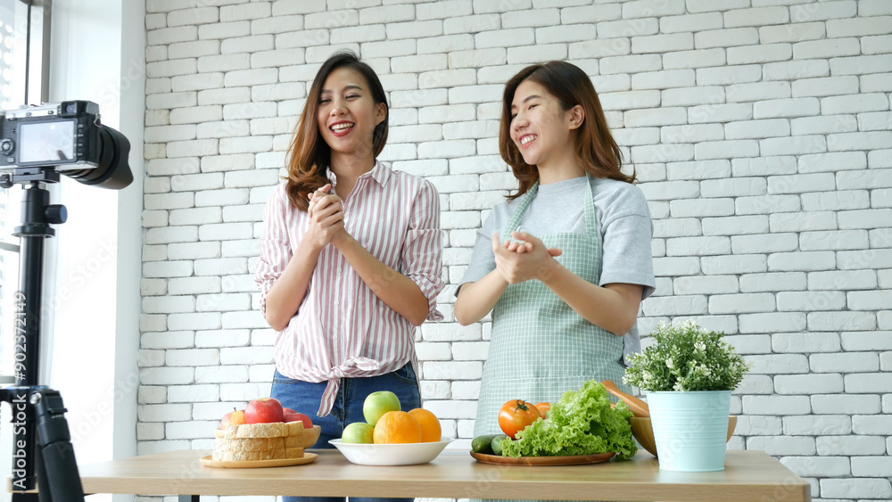 Asian influencer vlogger live review healthy eating lifestyle. Two ...