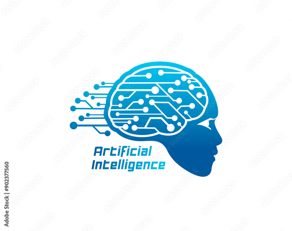 AI artificial Intelligence icon of computer brain or head with chipset circuit board, vector ...