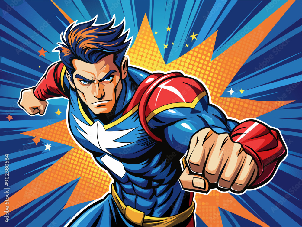 Poster Pop art comic book style super hero punching with male superhero ...