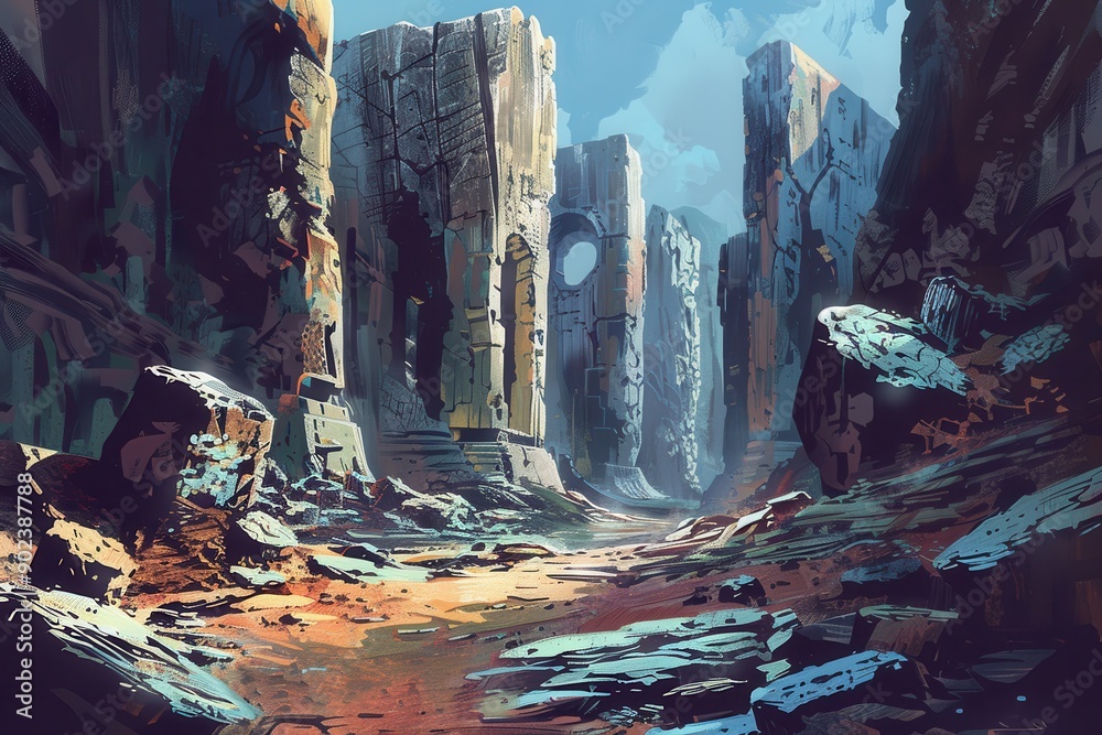 Ancient alien ruins in a forgotten desert landscape with remnants of a bygone civilization Stock ...